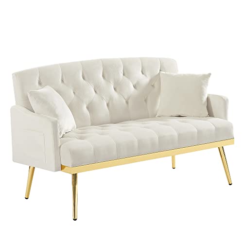 Tmosi Loveseat Sofa with 2 Throw Pillows, 55.5" Cream Velvet Couch Modern Sofa for Living Room with Armrest Pockets, Apartment Tufted Love Seat Couches Furniture for Small Spaces