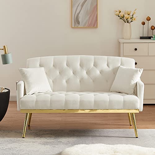 Tmosi Loveseat Sofa with 2 Throw Pillows, 55.5" Cream Velvet Couch Modern Sofa for Living Room with Armrest Pockets, Apartment Tufted Love Seat Couches Furniture for Small Spaces