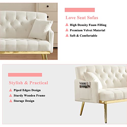 Tmosi Loveseat Sofa with 2 Throw Pillows, 55.5" Cream Velvet Couch Modern Sofa for Living Room with Armrest Pockets, Apartment Tufted Love Seat Couches Furniture for Small Spaces