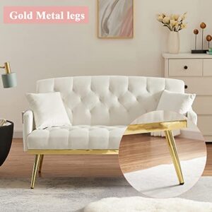 Tmosi Loveseat Sofa with 2 Throw Pillows, 55.5" Cream Velvet Couch Modern Sofa for Living Room with Armrest Pockets, Apartment Tufted Love Seat Couches Furniture for Small Spaces