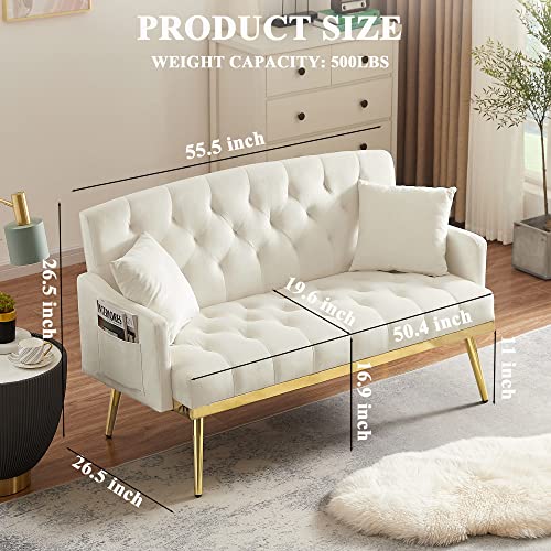 Tmosi Loveseat Sofa with 2 Throw Pillows, 55.5" Cream Velvet Couch Modern Sofa for Living Room with Armrest Pockets, Apartment Tufted Love Seat Couches Furniture for Small Spaces