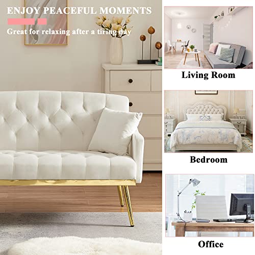 Tmosi Loveseat Sofa with 2 Throw Pillows, 55.5" Cream Velvet Couch Modern Sofa for Living Room with Armrest Pockets, Apartment Tufted Love Seat Couches Furniture for Small Spaces