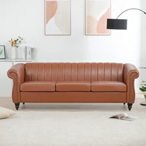 newcosmos 83.46" brown pu rolled arm chesterfield three seater sofa.