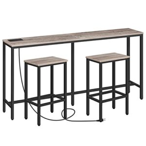 alloswell console table with power outlet, 63" narrow sofa table and bar stools set, rectangular industrial bar chairs, cthg16e01-bahg0101