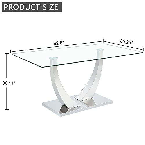 63" Modern Glass Dining Table for 4-6, Contemporary Rectangular Kitchen Dining Room Table with Tempered Glass Tabletop and Metal Pedestal Base, Large Long Dining Room Pedestal Table