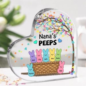 izi pod nana's easter peeps heart plaque, personalized easter heart acrylic plaque, nana plaque, gifts for grandma, nana, mom, birthday, easter's day, christmas, mother's day decor gifts