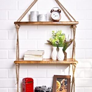 Varnished Retro Wood 3' Eye Rope Wall Shelf Bookcase Flower Holder, Home Wall Wood Shelf