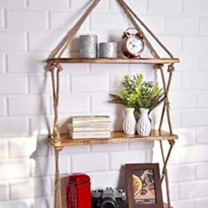 Varnished Retro Wood 3' Eye Rope Wall Shelf Bookcase Flower Holder, Home Wall Wood Shelf