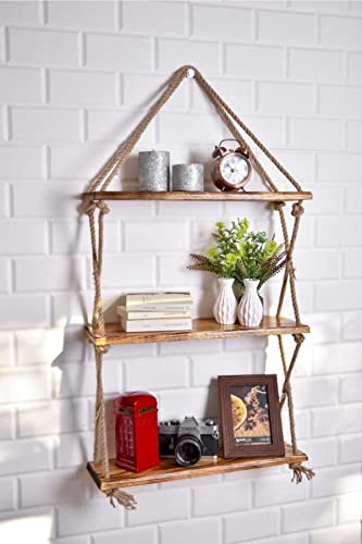 Varnished Retro Wood 3' Eye Rope Wall Shelf Bookcase Flower Holder, Home Wall Wood Shelf