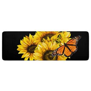 indoor door mat,summer yellow sunflower butterfly soft non-slip absorbent kitchen rug,watercolor floral plant on black floor mat entrance rugs for bedroom living room 18x30in