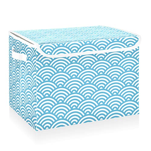 CaTaKu Storage Bins with Lids Japanese Wave Fabric Large Storage Container Cube Basket with Handle Decorative Storage Boxes for Organizing Clothes Shelves