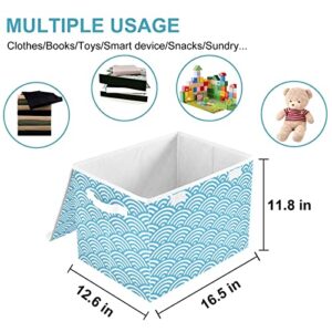 CaTaKu Storage Bins with Lids Japanese Wave Fabric Large Storage Container Cube Basket with Handle Decorative Storage Boxes for Organizing Clothes Shelves