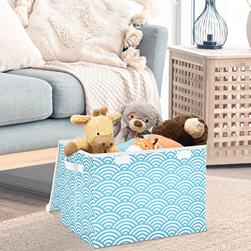 CaTaKu Storage Bins with Lids Japanese Wave Fabric Large Storage Container Cube Basket with Handle Decorative Storage Boxes for Organizing Clothes Shelves