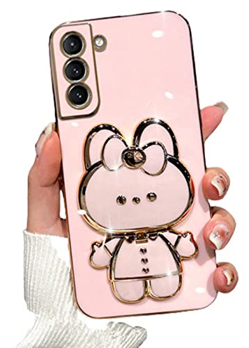 for Samsung Galaxy A14 Case for Women Girls,6D Cute Hidden Rabbit Bunny Stand Design,Luxury Plating Glitter Girly Soft Silicone Makeup Mirror Phone Case with Camera Cover for Samsung A14 5G (Pink)