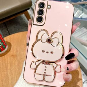 for Samsung Galaxy A14 Case for Women Girls,6D Cute Hidden Rabbit Bunny Stand Design,Luxury Plating Glitter Girly Soft Silicone Makeup Mirror Phone Case with Camera Cover for Samsung A14 5G (Pink)