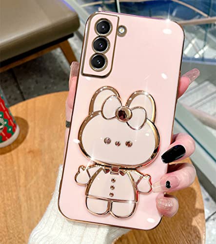 for Samsung Galaxy A14 Case for Women Girls,6D Cute Hidden Rabbit Bunny Stand Design,Luxury Plating Glitter Girly Soft Silicone Makeup Mirror Phone Case with Camera Cover for Samsung A14 5G (Pink)