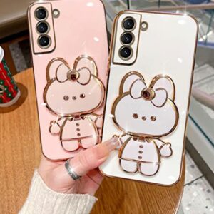 for Samsung Galaxy A14 Case for Women Girls,6D Cute Hidden Rabbit Bunny Stand Design,Luxury Plating Glitter Girly Soft Silicone Makeup Mirror Phone Case with Camera Cover for Samsung A14 5G (Pink)