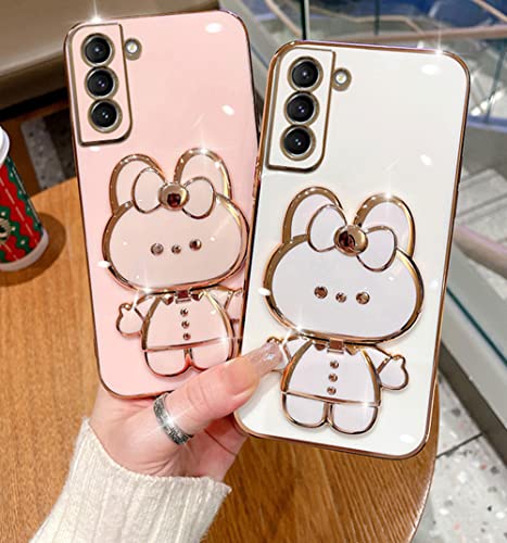 for Samsung Galaxy A14 Case for Women Girls,6D Cute Hidden Rabbit Bunny Stand Design,Luxury Plating Glitter Girly Soft Silicone Makeup Mirror Phone Case with Camera Cover for Samsung A14 5G (Pink)