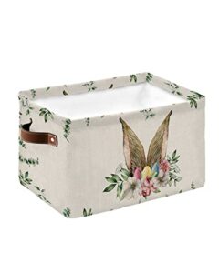 easter storage bins with handles, rabbit ears eucalyptus leaves flower burlap storage basket for shelves, cube storage organizer bins for toys, closet (1 pack, 15" x 11" x 9.5")