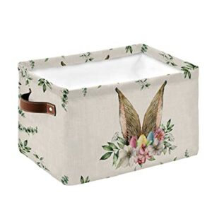 Easter Storage Bins with Handles, Rabbit Ears Eucalyptus Leaves Flower Burlap Storage Basket for Shelves, Cube Storage Organizer Bins for Toys, Closet (1 Pack, 15" x 11" x 9.5")