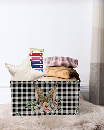 Easter Storage Bins with Handles, Rabbit Ears Eucalyptus Leaves Flower Black Buffalo Plaid Storage Basket for Shelves, Cube Storage Organizer Bins for Toys, Closet (1 Pack, 15" x 11" x 9.5")