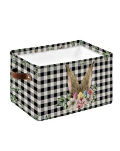 easter storage bins with handles, rabbit ears eucalyptus leaves flower black buffalo plaid storage basket for shelves, cube storage organizer bins for toys, closet (1 pack, 15" x 11" x 9.5")