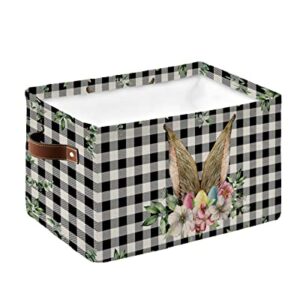 Easter Storage Bins with Handles, Rabbit Ears Eucalyptus Leaves Flower Black Buffalo Plaid Storage Basket for Shelves, Cube Storage Organizer Bins for Toys, Closet (1 Pack, 15" x 11" x 9.5")