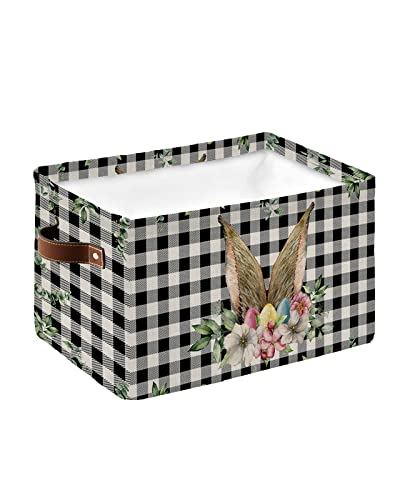 Easter Storage Bins with Handles, Rabbit Ears Eucalyptus Leaves Flower Black Buffalo Plaid Storage Basket for Shelves, Cube Storage Organizer Bins for Toys, Closet (1 Pack, 15" x 11" x 9.5")