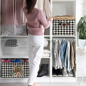 Easter Storage Bins with Handles, Rabbit Ears Eucalyptus Leaves Flower Black Buffalo Plaid Storage Basket for Shelves, Cube Storage Organizer Bins for Toys, Closet (1 Pack, 15" x 11" x 9.5")