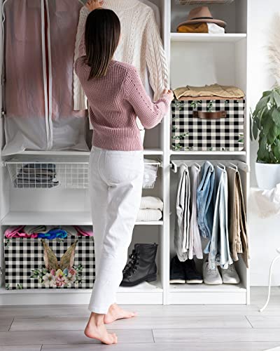 Easter Storage Bins with Handles, Rabbit Ears Eucalyptus Leaves Flower Black Buffalo Plaid Storage Basket for Shelves, Cube Storage Organizer Bins for Toys, Closet (1 Pack, 15" x 11" x 9.5")