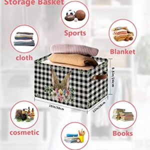 Easter Storage Bins with Handles, Rabbit Ears Eucalyptus Leaves Flower Black Buffalo Plaid Storage Basket for Shelves, Cube Storage Organizer Bins for Toys, Closet (1 Pack, 15" x 11" x 9.5")