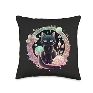 kawaii pastel goth stuff for girls & women co. moon phases crystal witchy cute black cat kawaii pastel goth throw pillow, 16x16, multicolor