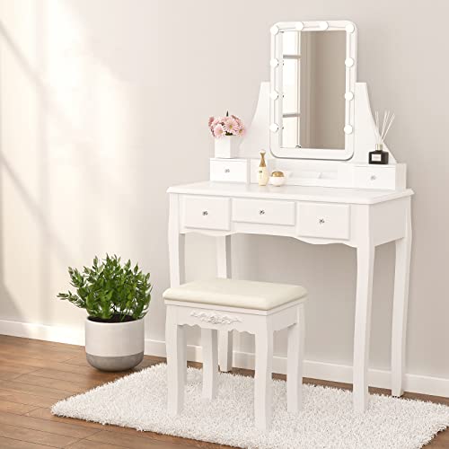 GinguoHome Vanity Set with Lighted Mirror,Makeup Vanity w/10 LED Dimmable Bulbs,Dressing Table with Cushioned Stool&5 Drawers,3 Removable Dividers for Bedroom Vanity Desk White