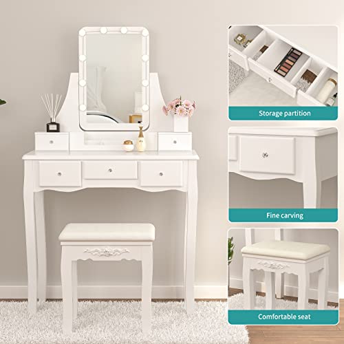 GinguoHome Vanity Set with Lighted Mirror,Makeup Vanity w/10 LED Dimmable Bulbs,Dressing Table with Cushioned Stool&5 Drawers,3 Removable Dividers for Bedroom Vanity Desk White