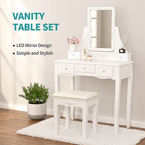 GinguoHome Vanity Set with Lighted Mirror,Makeup Vanity w/10 LED Dimmable Bulbs,Dressing Table with Cushioned Stool&5 Drawers,3 Removable Dividers for Bedroom Vanity Desk White