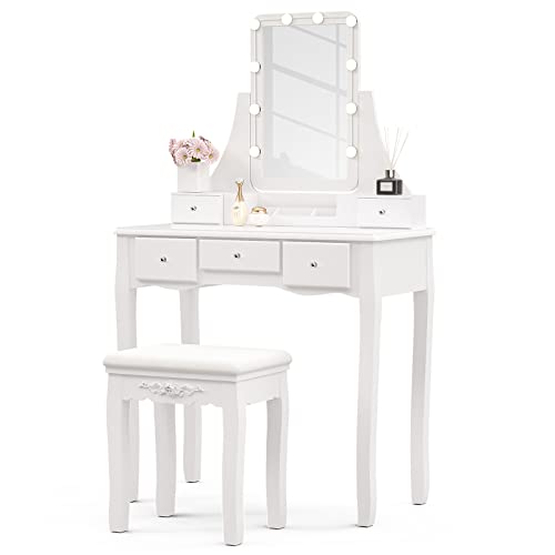 GinguoHome Vanity Set with Lighted Mirror,Makeup Vanity w/10 LED Dimmable Bulbs,Dressing Table with Cushioned Stool&5 Drawers,3 Removable Dividers for Bedroom Vanity Desk White