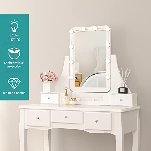 GinguoHome Vanity Set with Lighted Mirror,Makeup Vanity w/10 LED Dimmable Bulbs,Dressing Table with Cushioned Stool&5 Drawers,3 Removable Dividers for Bedroom Vanity Desk White