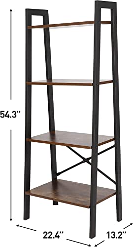 SUPER DEAL Industrial Ladder Shelf 4-Tier Bookcase Plant Book Display Furniture Storage Rack Shelf for Living Room Home Office Bedroom (Rustic Brown)