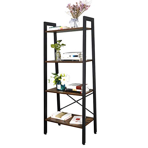 SUPER DEAL Industrial Ladder Shelf 4-Tier Bookcase Plant Book Display Furniture Storage Rack Shelf for Living Room Home Office Bedroom (Rustic Brown)