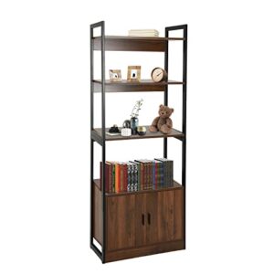 babion 4-tier bookshelf, industrial bookshelf and bookcase with 2 doors, standing storage cabinet, bookshelf display shelf, wood and metal storage shelf for bedroom, home office, entryway, brown