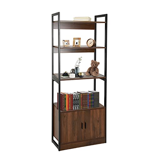 Babion 4-Tier Bookshelf, Industrial Bookshelf and Bookcase with 2 Doors, Standing Storage Cabinet, Bookshelf Display Shelf, Wood and Metal Storage Shelf for Bedroom, Home Office, Entryway, Brown