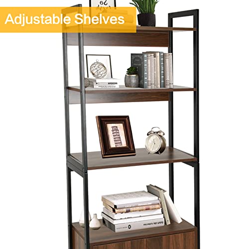 Babion 4-Tier Bookshelf, Industrial Bookshelf and Bookcase with 2 Doors, Standing Storage Cabinet, Bookshelf Display Shelf, Wood and Metal Storage Shelf for Bedroom, Home Office, Entryway, Brown