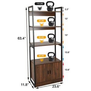 Babion 4-Tier Bookshelf, Industrial Bookshelf and Bookcase with 2 Doors, Standing Storage Cabinet, Bookshelf Display Shelf, Wood and Metal Storage Shelf for Bedroom, Home Office, Entryway, Brown