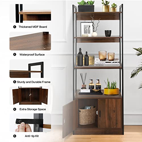 Babion 4-Tier Bookshelf, Industrial Bookshelf and Bookcase with 2 Doors, Standing Storage Cabinet, Bookshelf Display Shelf, Wood and Metal Storage Shelf for Bedroom, Home Office, Entryway, Brown