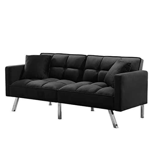 LCH Modern Tuft Futon Couch Convertible Loveseat Sleeper Reclining Sofa Bed Twin Size with Arms and 2 Pillows for Living Room, Black