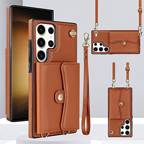 XIMAND for Samsung Galaxy S23 Ultra Phone Case with Adjustable Crossbody Lanyard and Hand Strap, Shockproof Wallet for S23 Ultra,Great Gift for Women Ladys Grils Brown