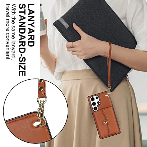 XIMAND for Samsung Galaxy S23 Ultra Phone Case with Adjustable Crossbody Lanyard and Hand Strap, Shockproof Wallet for S23 Ultra,Great Gift for Women Ladys Grils Brown