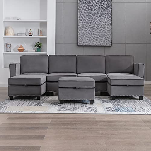 Horgaeo Sectional Sofa, 7-Seat Convertible L-Shaped Chaise Sofa Bed with Angle-Adjustable Backrest/Storage Ottoman Modern Couch Velvet Fabric Living Room(Dark Grey)