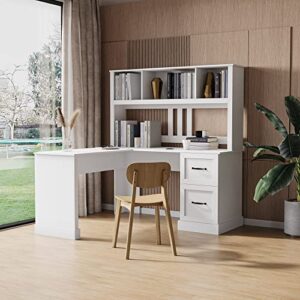 bellemave l shaped desk with hutch wood corner computer desk with storage drawers and shelf modern home office desks l-shaped study table writing desk gaming desk, white