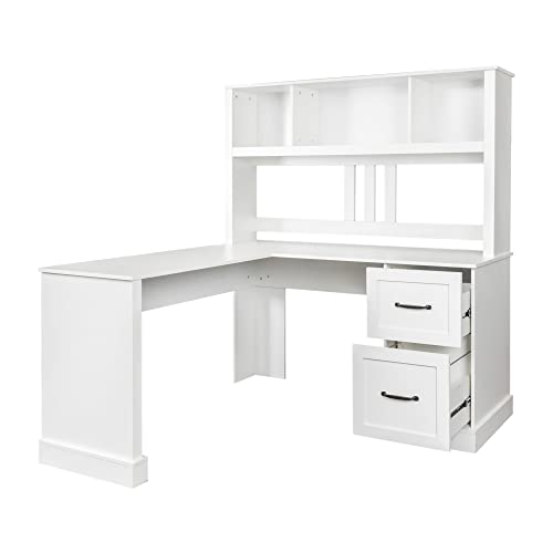 Bellemave L Shaped Desk with Hutch Wood Corner Computer Desk with Storage Drawers and Shelf Modern Home Office Desks L-Shaped Study Table Writing Desk Gaming Desk, White